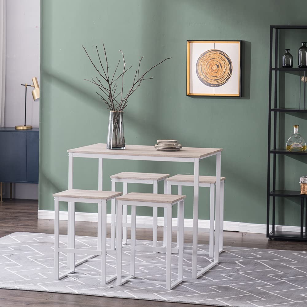 WFHTU Dining Table Set (100 x 60 x 87) cm Oak Simple 87cm High Bar Table and Chairs Set of 5 PVC Paper Lacquered White Matte White