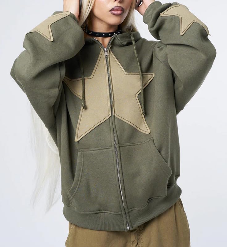 Womens Y2K Long Sleeve Hoodies Zip Up Star Graphic Track Jackets Hip Hop Harajuku Oversized Sweater Sweatshirts