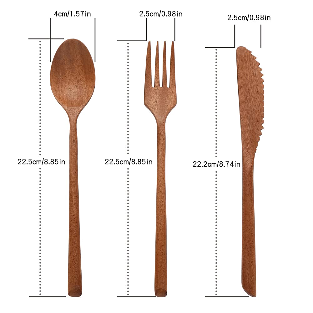 Wood Flatware Sets, Spoons and Forks Set, Reusable Utensils Set,3 Pieces Wooden Spoon Fork Knife Cutlery Set Wooden Dinner Utensil Set, Wooden Kitchen Dinnerware Portable Utensils for Home