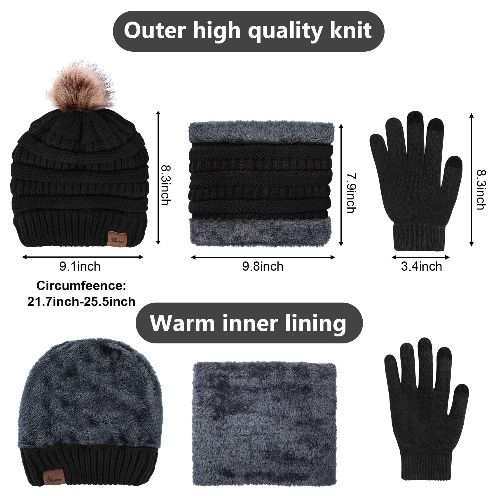 YSense Womens Winter Hat Scarf Glove Set, Warm Fleece Lined Pom Beanie Hat Neck Warmer and Touchscreen Gloves