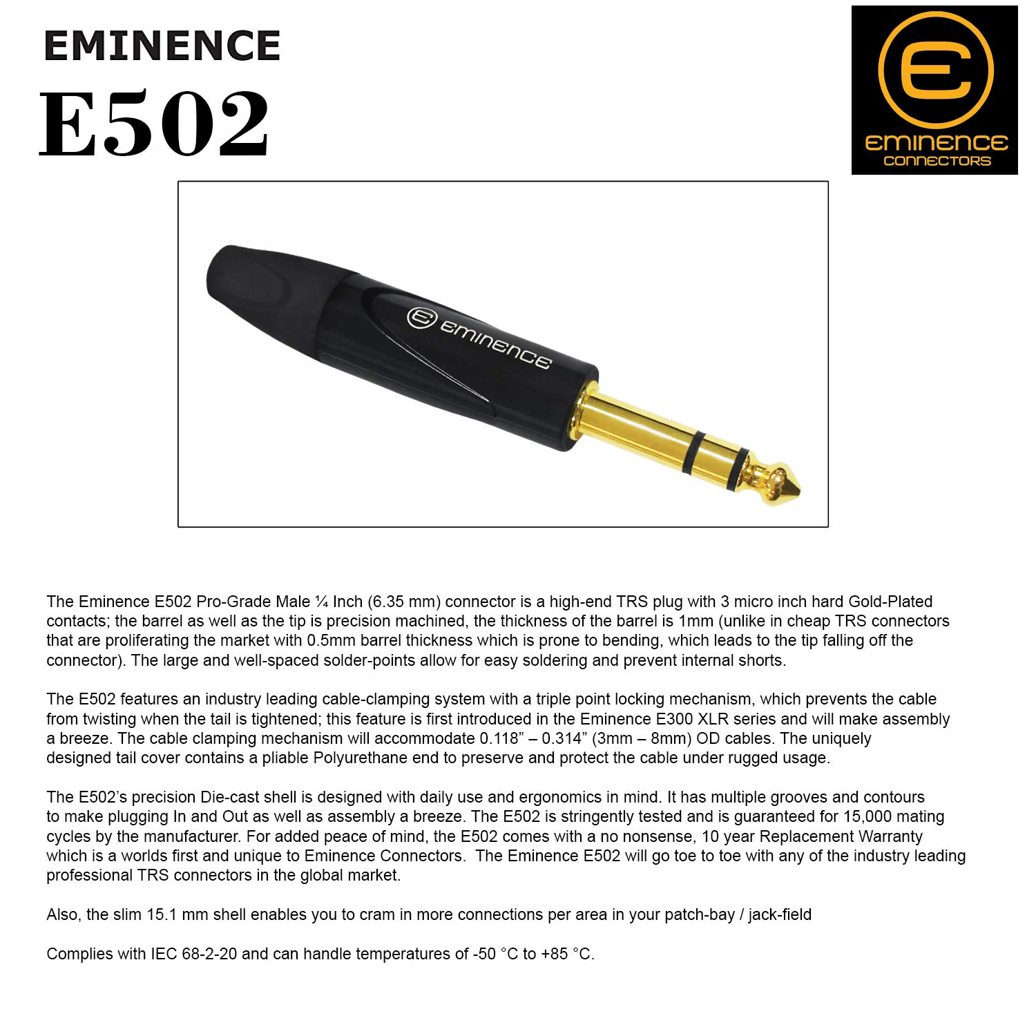WORLDS BEST CABLES 2 Units - 6 Inch - Canare L-4E6S, Star Quad Balanced TRS Patch Cable with Eminence Gold E502 TRS Stereo Plugs - Custom Made