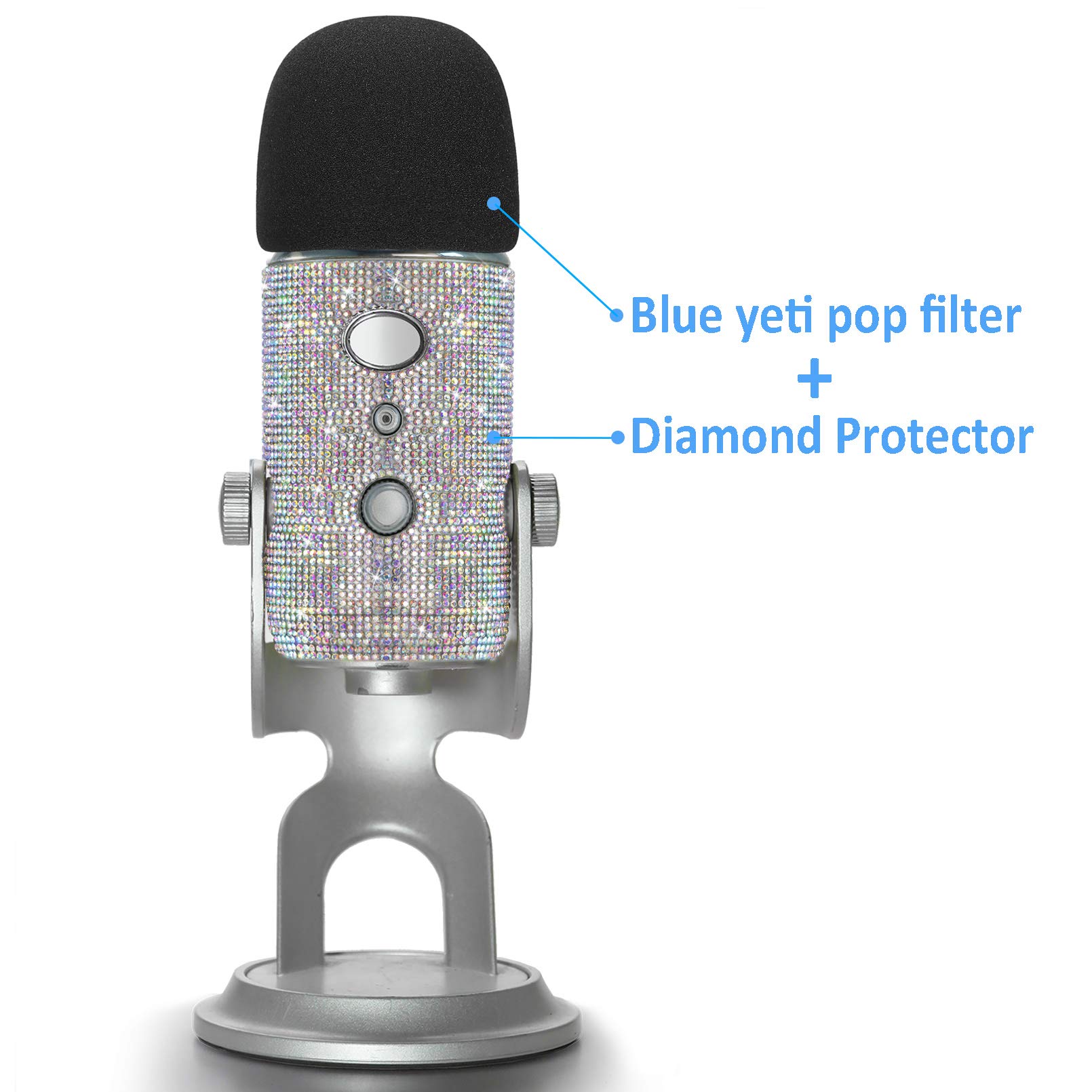 YOUSHARES Blue Yeti Pop Filter - Cute Glitter Sticker, Bling Diamond Shiny Skin with Mic Foam Winscreen Compatible with Blue Yeti Microphones (Silver)