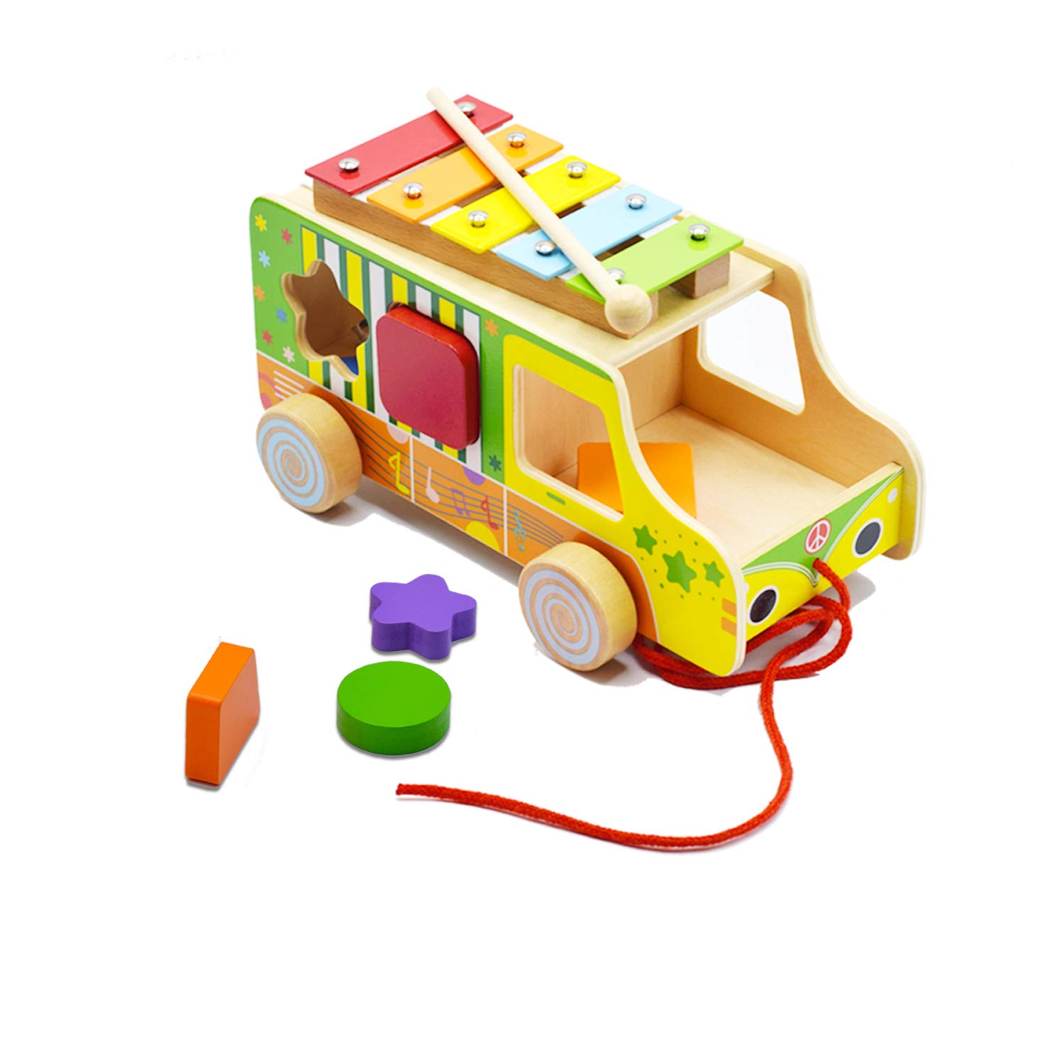 Wooden Shape Sorter - Shape Sorter for 1 Year Old Boys & Girls - Learning Educational Baby Shape Sorter Bus - Push & Pull Toy with Xylophone for 1 Year Old