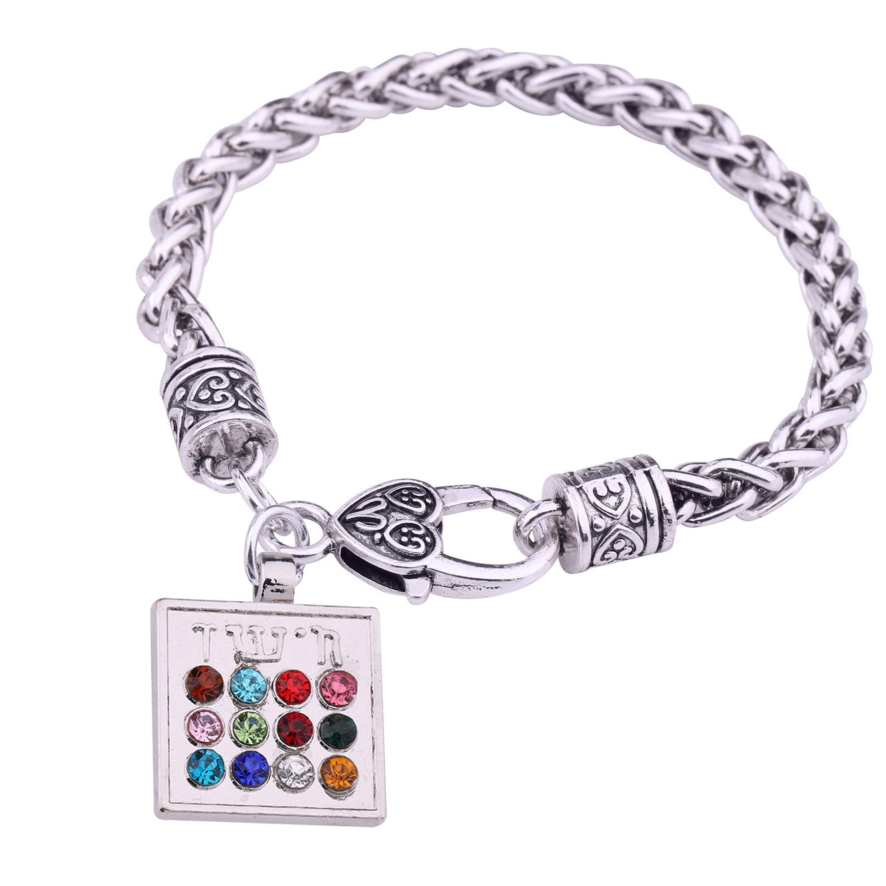 VASSAGO Ancient Amulet Judaic Hoshen 12 Tribes of Israel Breastplate of the High Priest Pendant Jewish Wheat Chain Bracelet (colorful)