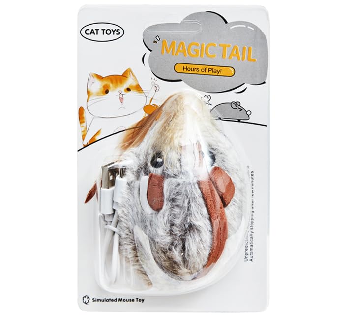 Vealind Interactive Cat Toys with Feather Tail, USB Rechargeable Cat Mouse Toy Automatic Moving for Indoor Cats Hunting and Exercise (Grey)