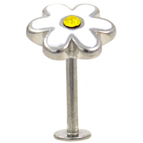 White Daisy Yellow Accent Top Steel Labret Monroe Stud 16 Gauge 5/16" (Steel)