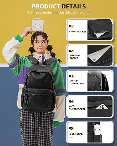 VECAVE Lightweight Backpack for Women Men,Travel Casual Daypack Laptop Rucksack, Waterproof College High Secondary Bookbag PU Leather Computer Laptop Bag Black
