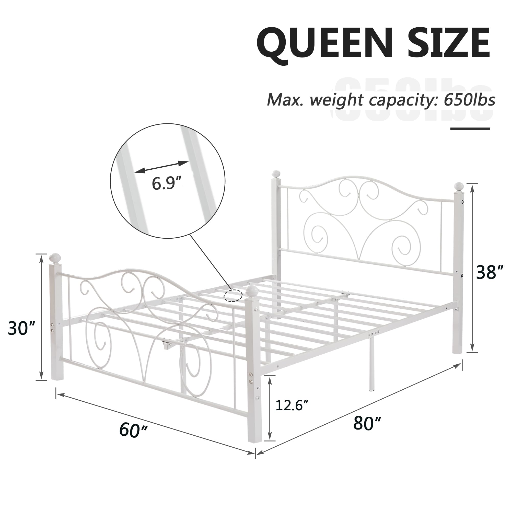 VECELO Queen Size Bed Frame with Headboard and Footboard, Heavy Duty Metal Slat Support, Platform Mattress Foundation, No Box Spring Needed, Easy Assembly, White