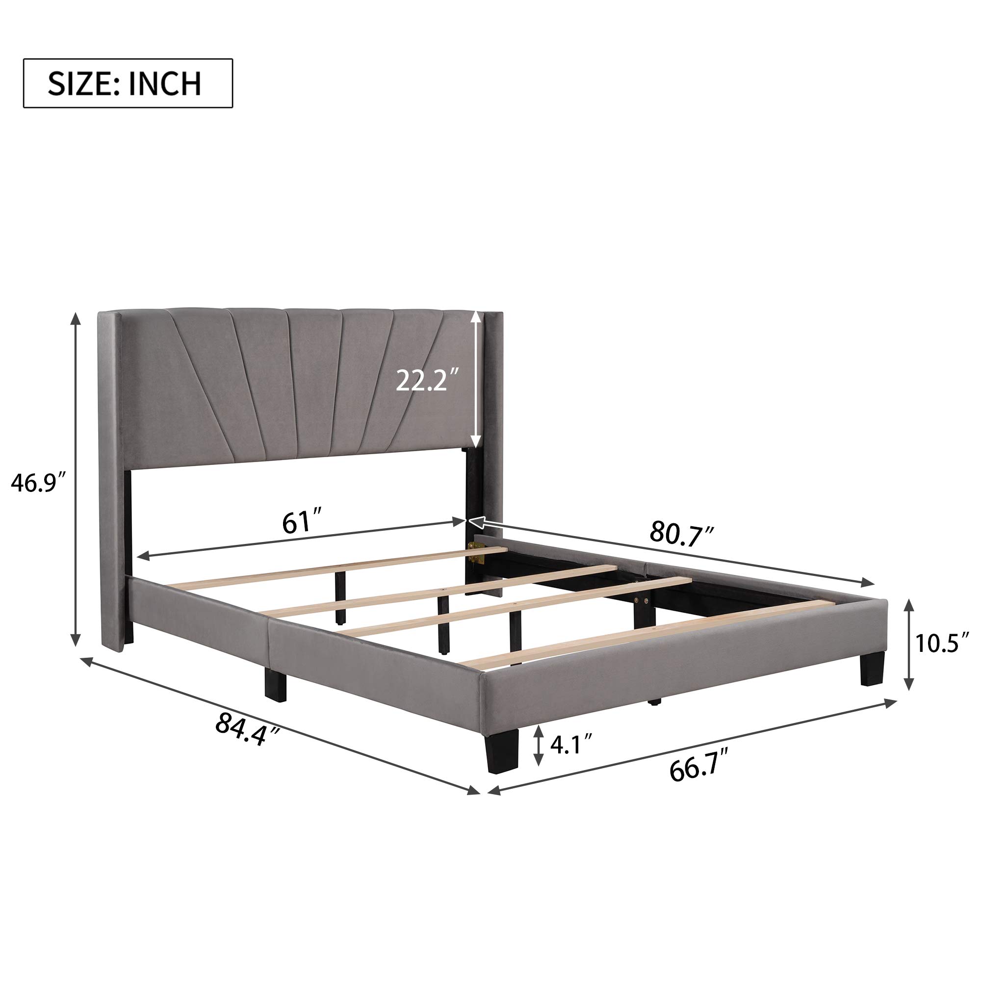 YuiHome Queen Size Platform Bed Frame with Velvet Upholstered Headboard and Wooden Slats Support, Queen Size Bed and Headboard/No Box Spring Needed/Easy Assembly,Gray