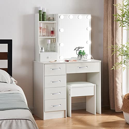 White Vanity Desk with Mirror and Lights, Makeup Vanity Desk with 5 Drawers of Storage, Bedroom Makeup Dressing Table with Stool, White (JTO-05)