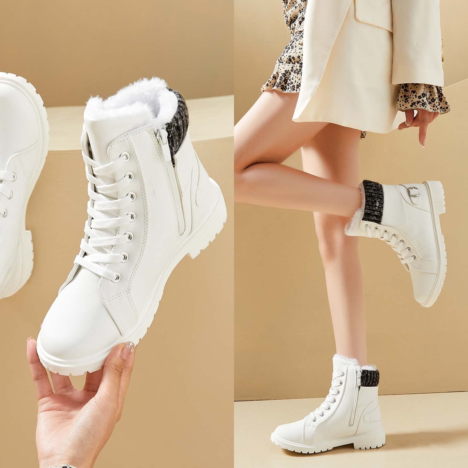 XRH Women Lace Up Combat Boot Winter Snow Boots Warm Fur Lined Ankle Booties Waterproof Hiking Boot for Women Non Slip Leather Boot Shoes(White.US10)