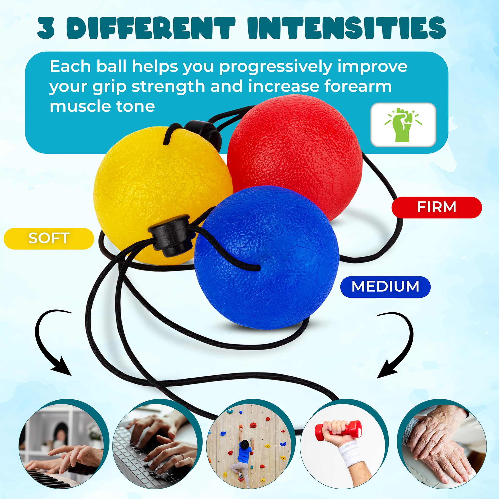 Yupititoy Squeeze Balls for Hand Therapy (Set of 3) β Hand Strengthener Ball on a String β Soft, Medium & Firm Exercise Balls for Rehabilitation, Arthritis, Carpal Tunnel β Stress Balls for Adults