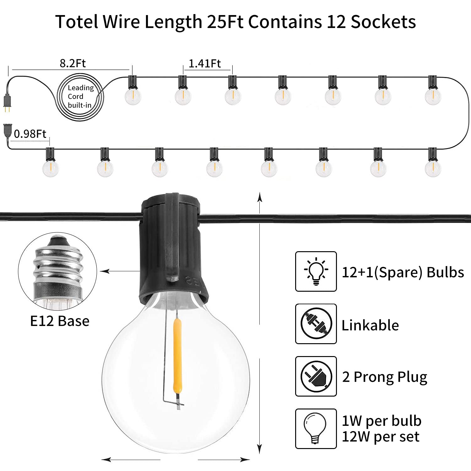 Yuusei LED String Lights Outdoor, 25Ft Dimmable Globe Patio Lights with 12+1 (Spare) 1W G40 PC Shatterproof Bulbs, Waterproof Connectable Light String for Backyard Porch Cafe, 2700K Warm White