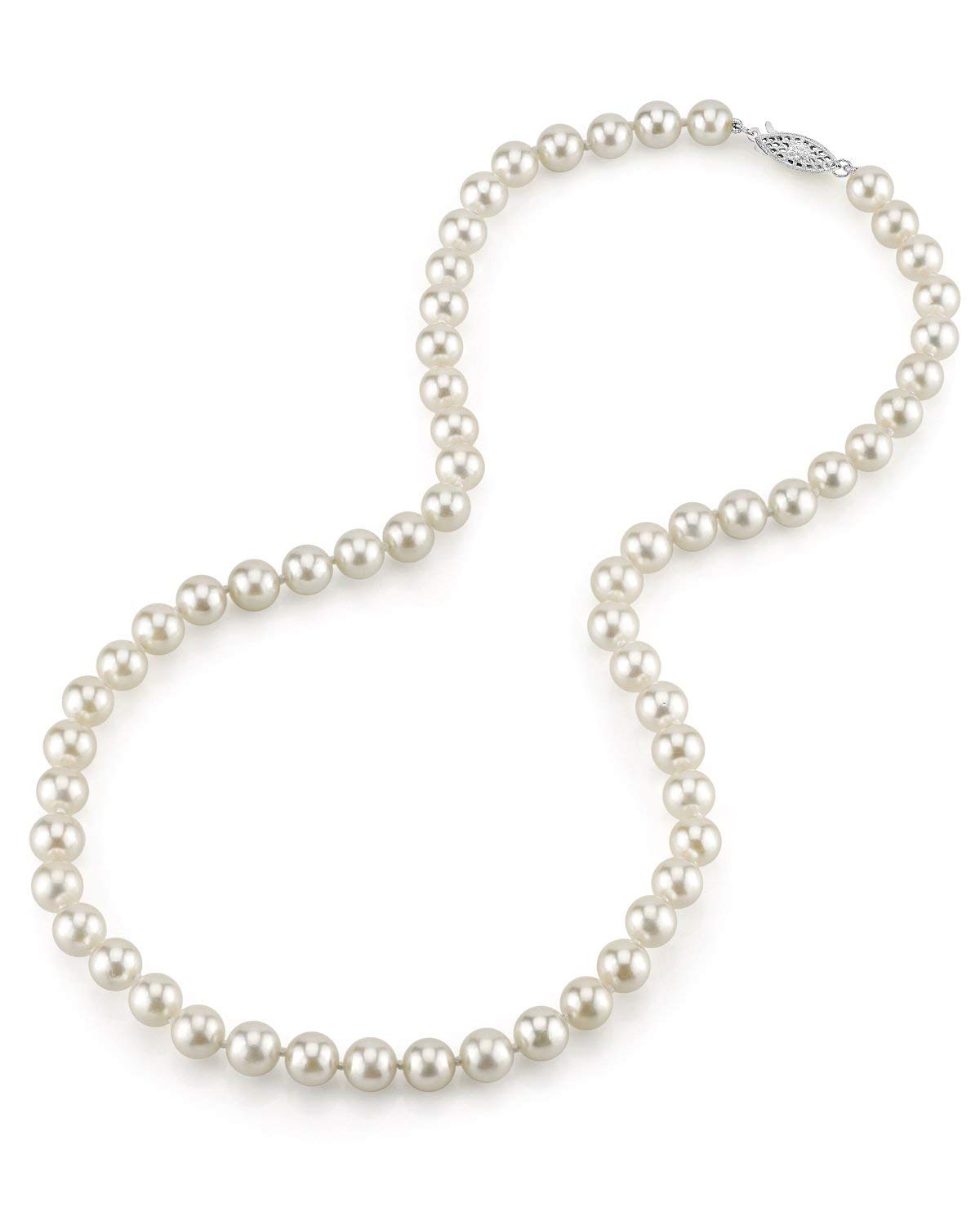 The Pearl Source 14K Gold 6.5-7.0mm Round Genuine White Japanese Akoya Saltwater Cultured Pearl Necklace in 17" Princess Length for Women