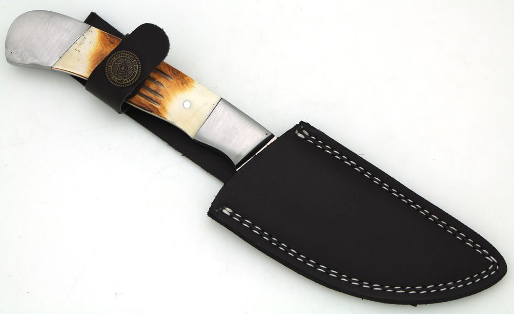 Wild Turkey Handmade Collection Full Tang Camel Bone Handle Fixed Blade Hunting Knife w/Leather Sheath Outdoors Fishing Camping Hunting … (Burnt Bone)