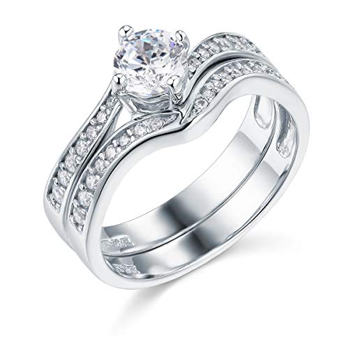 Wellingsale Ladies Solid 14k White Gold Polished CZ Cubic Zirconia Round Cut Engagement Ring with Side Stones and Wedding Band Bridal Set - Size 4