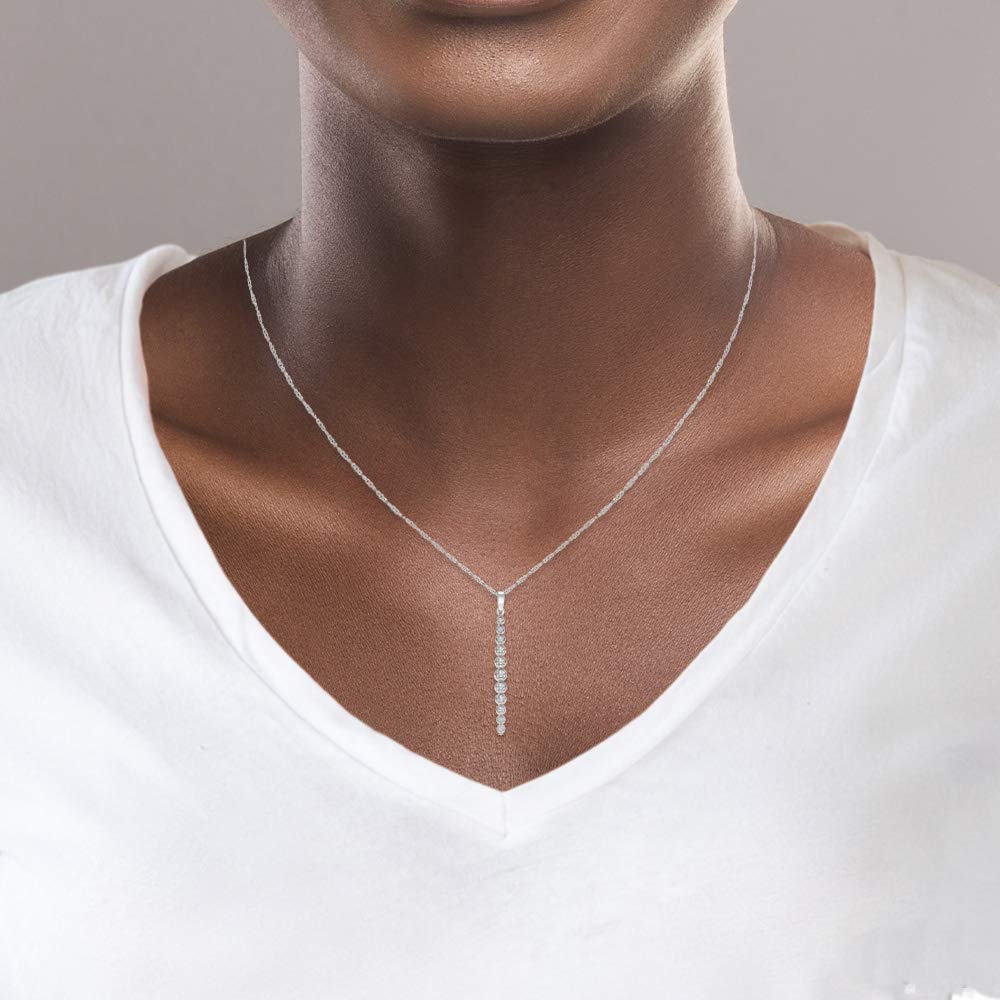 Vertical Bar Necklace Bezel Set Diamonds Journey Pendant in 925 Sterling Silver 0.13ct (I-J, I3), 18 inch, by Keepsake