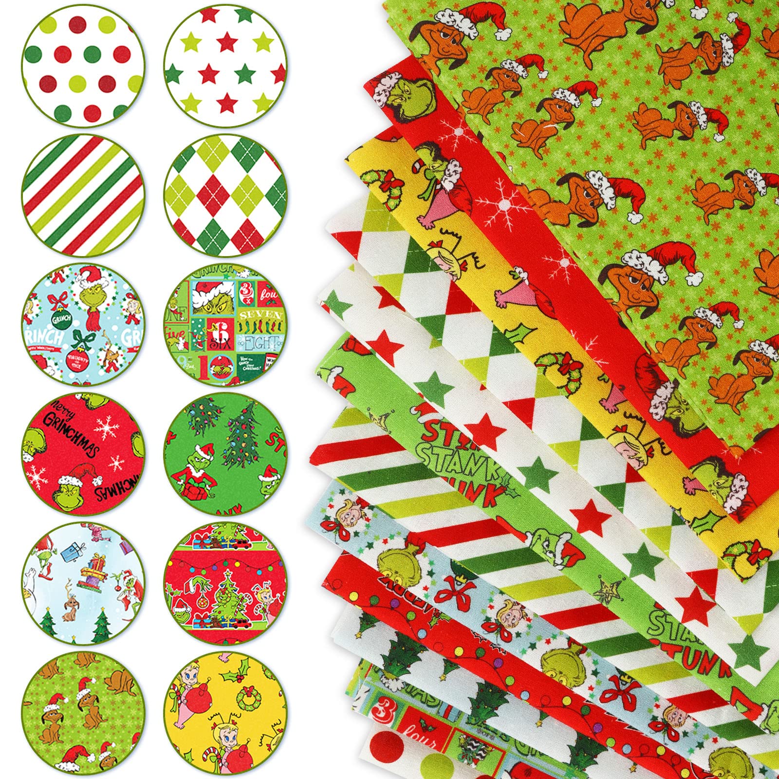 Whaline 12Pcs Christmas Fabric Fat Quarters Cartoon DIY Craft Decorative Fabric Bundles 12 Different Quilting Patchwork Square Fabric for DIY Xmas Handmade Gift Patchwork Sewing Crafting, 18" x 12"