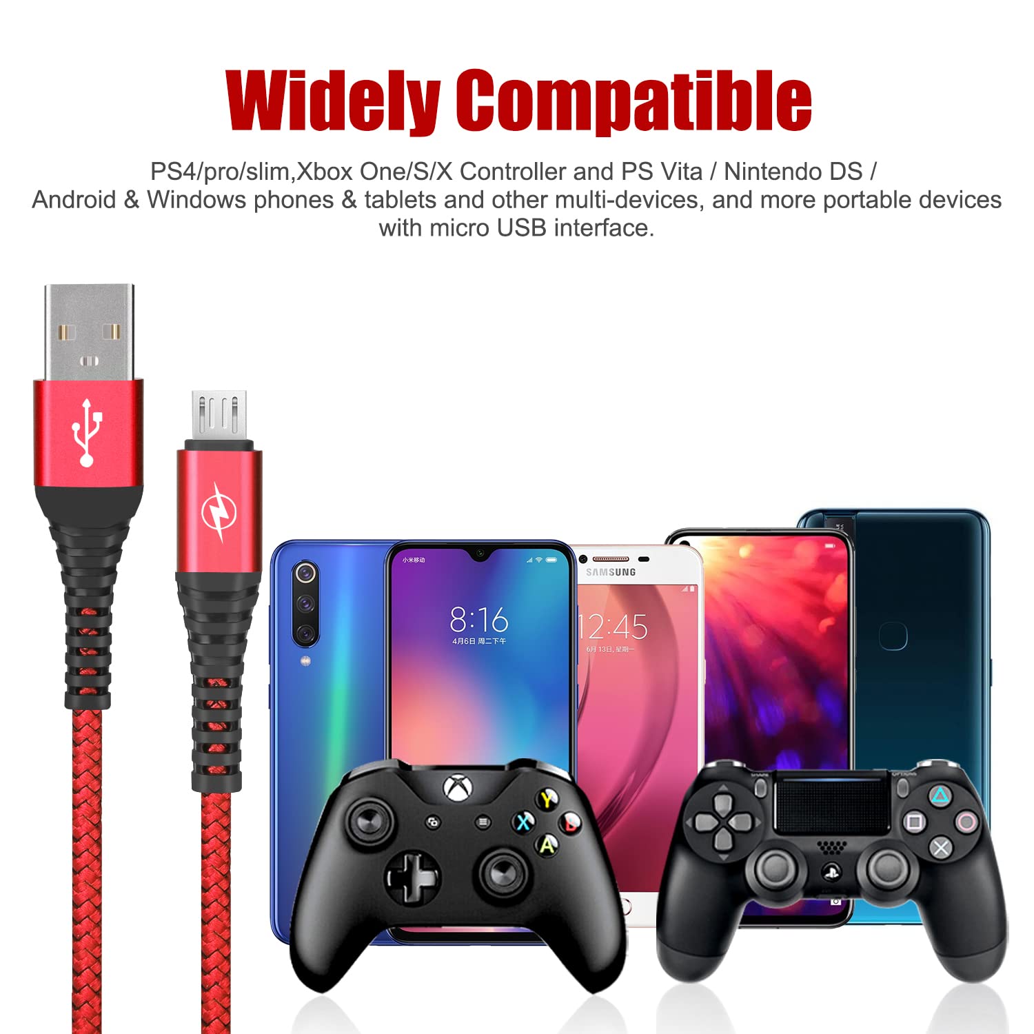 XUANMEIKE PS4 Controller Charger Charging Cable, 2 Packs of 10 Feet Long Nylon 3A Charging Cable, Suitable for Playstation 4, PS4 Slim/Pro, Xbox One S/X Controller, Android Phone (Black & Red)