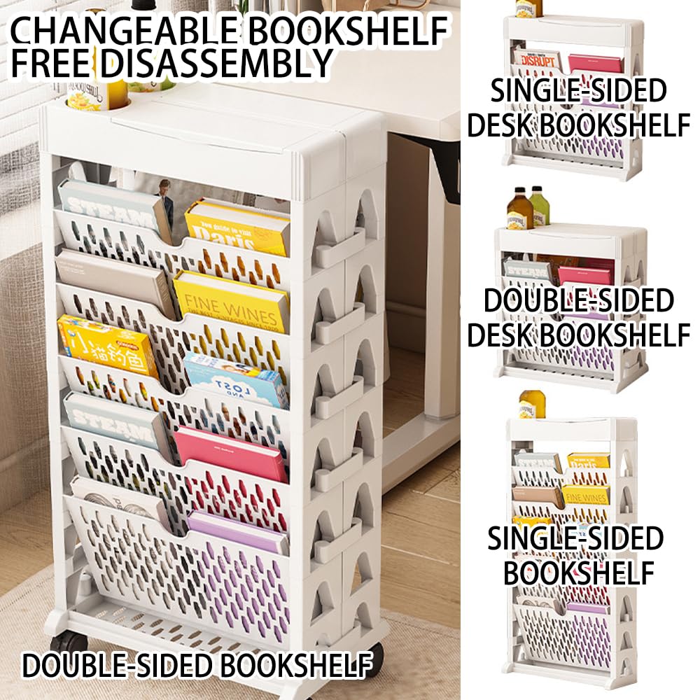 YAYLAIP Rolling Bookshelf Cart,6-Tier Large Capacity,on Wheels Moveable Office Desk File Bookshelf Organizer,with Wheel Multilayer Rotatable,Mobile Portable Removable Plastic Practical Rollingļ¼Pink