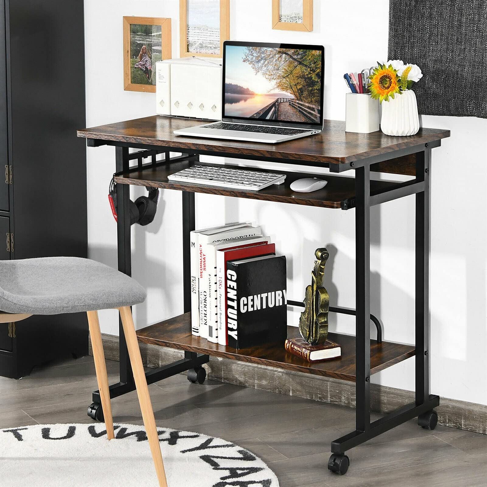 Writing Study Desk, Rustic Brown PC Desk Removable Laptop Cart Writing Desk Workstation with Pull-Out Keyboard Tray and Side Hooks, Stable Heavy Duty Steel Frame ,Computer Workstation for Home & Offic