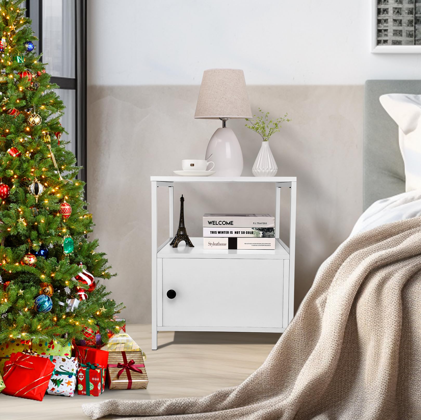 White Nightstand with Drawer and Open Shelves, 3-Tier Side Table with Large Inventory Spaces, Modern End Stand Table for Bedroom, Living Room (1 Pack)