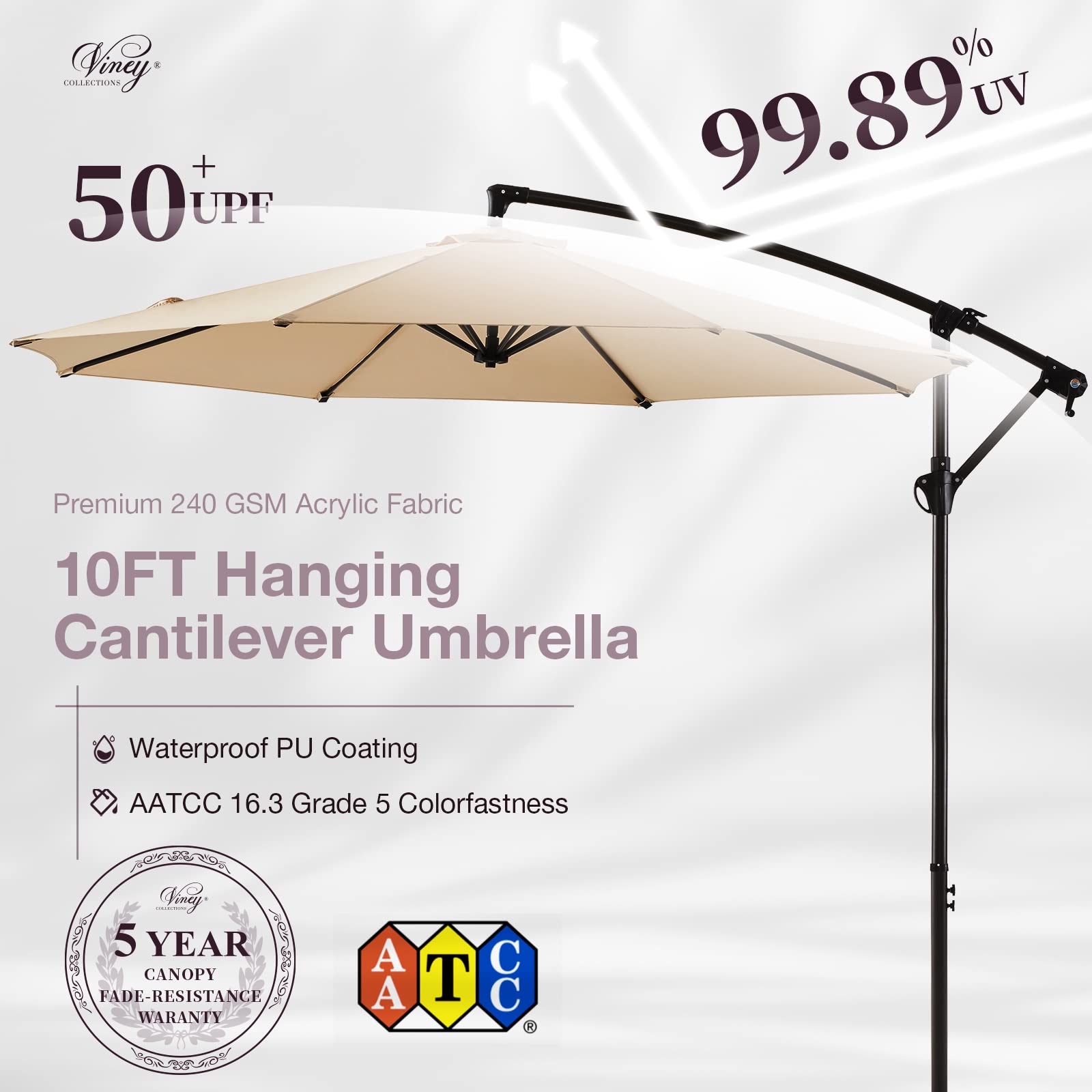 VINEY Patio Offset Hanging Umbrella 10 FT Cantilever Outdoor Umbrellas w/Infinite Tilt, Fade Resistant Waterproof Solution-Dyed Canopy & Cross Base, for Yard, Garden & Deck