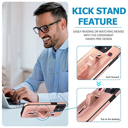 ZCDAYE Wallet Case for iPhone 14 with Card Holder, Non-Slip Finger Holder Adjustable Leather Loop Strap Anti-Scratch Protective Phone Cover for iPhone 14 (6.1 inches), Pink