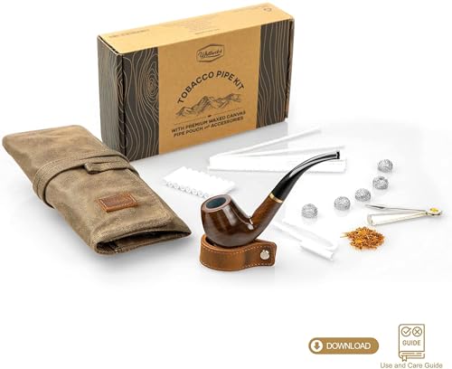Whitluck's Tobacco Pipe with Waxed Canvas Pipe Roll, Handmade Wood Smoking Pipe with Ultimate Beginner Guide E-Book, Travel Tobacco Pouch - Smoking Gift Set and Accessories