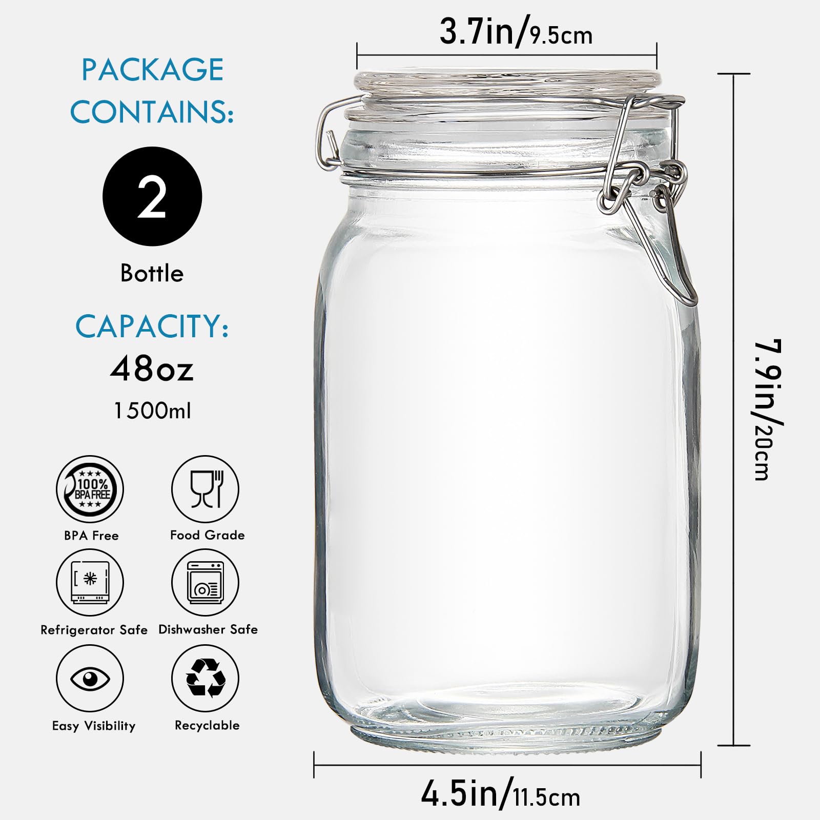 YEBODA 48oz Food Storage Canister Glass Jars with Clamp Airtight Lids and Silicone Gaskets for Multi-Purpose Kitchen Containers - Clear Square (2 Pack)