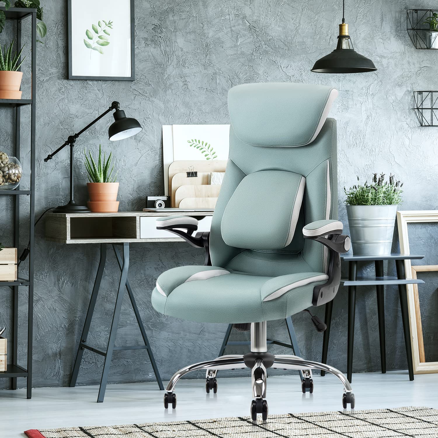 YAMASORO Ergonomic Home Executive Office Chair with Flip-up Armrests and Lumbar Support, High Back Desk Chair Computer 360 Swivel Adjustable PU Leather for Adults and Teens, Morandi Green