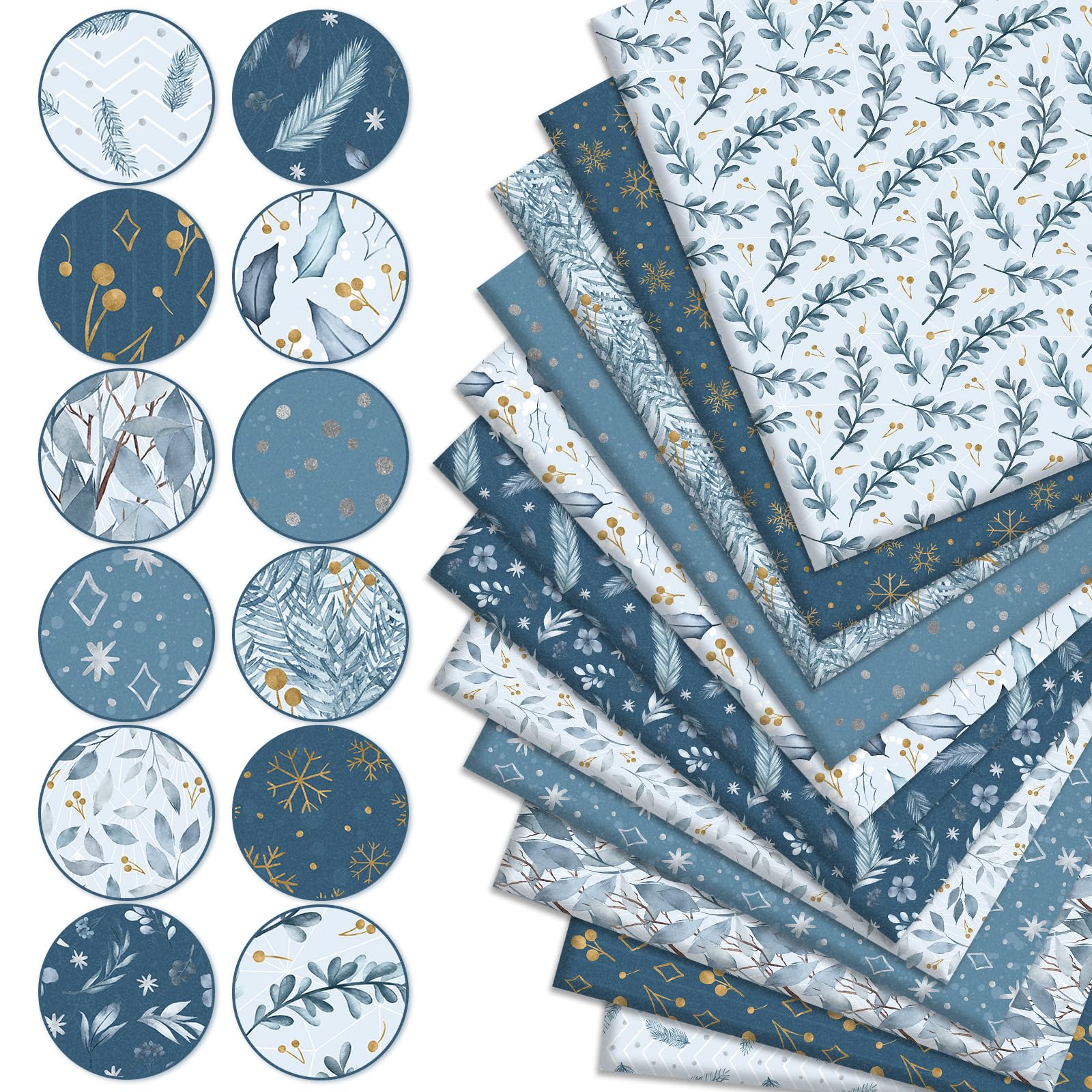 Whaline 12Pcs Winter Cotton Fabric Bundles Watercolor Christmas Fat Quarters White Blue Snowflake Leaves Printed Sewing Fabrics for DIY Handmade Crafting, 18 x 22 Inch