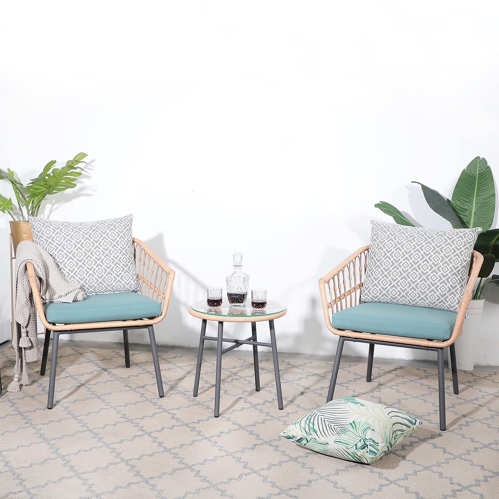 Yangming 3 Piece Patio Furniture Outdoor Conversation Bistro Set with Tempered Coffee Table and Wicker Chairs for Garden Balcony Backyard Yard Poolside (Green)