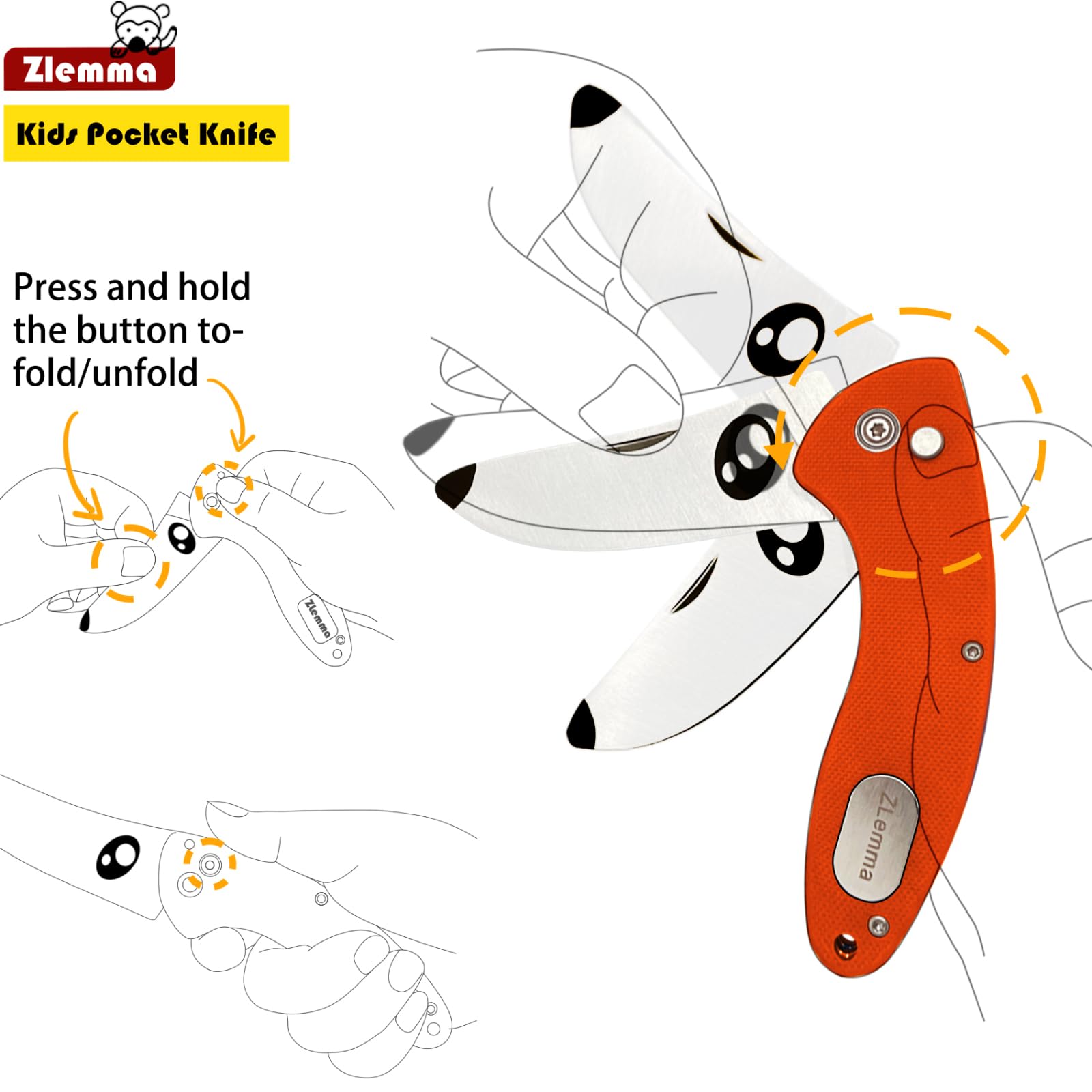 ZLemma Kids Pocket Knife with Clip & Safe Rounded Tip for Boy First Knife, Toddler Starter folding Knives with Japanese 420J2 Stainless Steel Sharpened Blade & Durable G10 Handle (Orange)