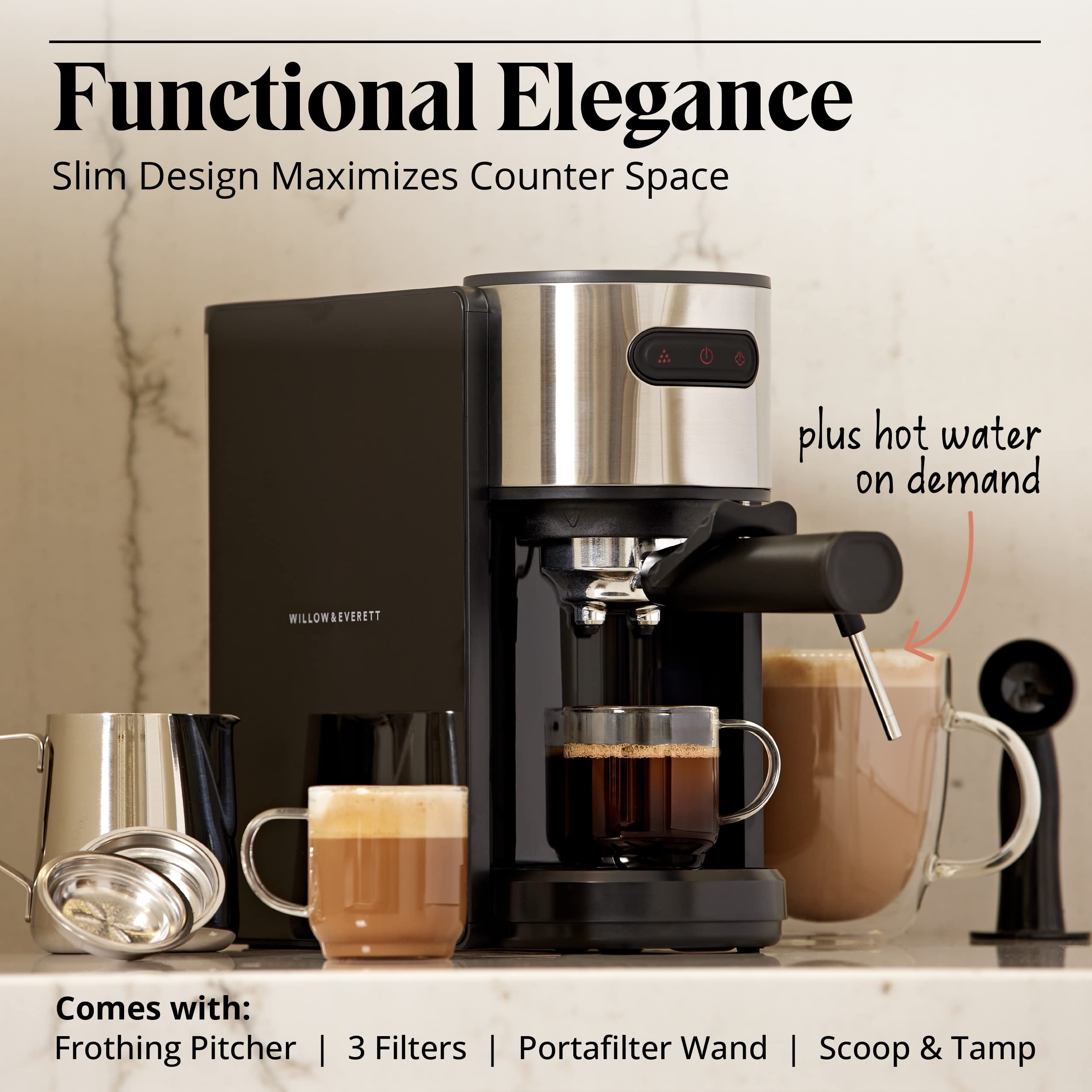 Willow & Everett Coffee Espresso Machine, Compact Espresso Machine for Coffee Grinds and Espresso Pods with Milk Frother and Steam Wand, Includes 5oz Frothing Pitcher