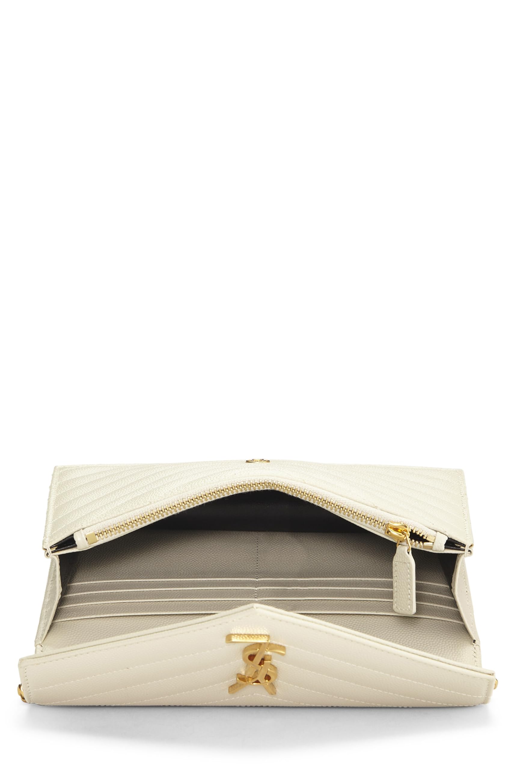 Yves Saint Laurent, Pre-Loved White Grained Calfskin Envelope Wallet-On-Chain (WOC), White