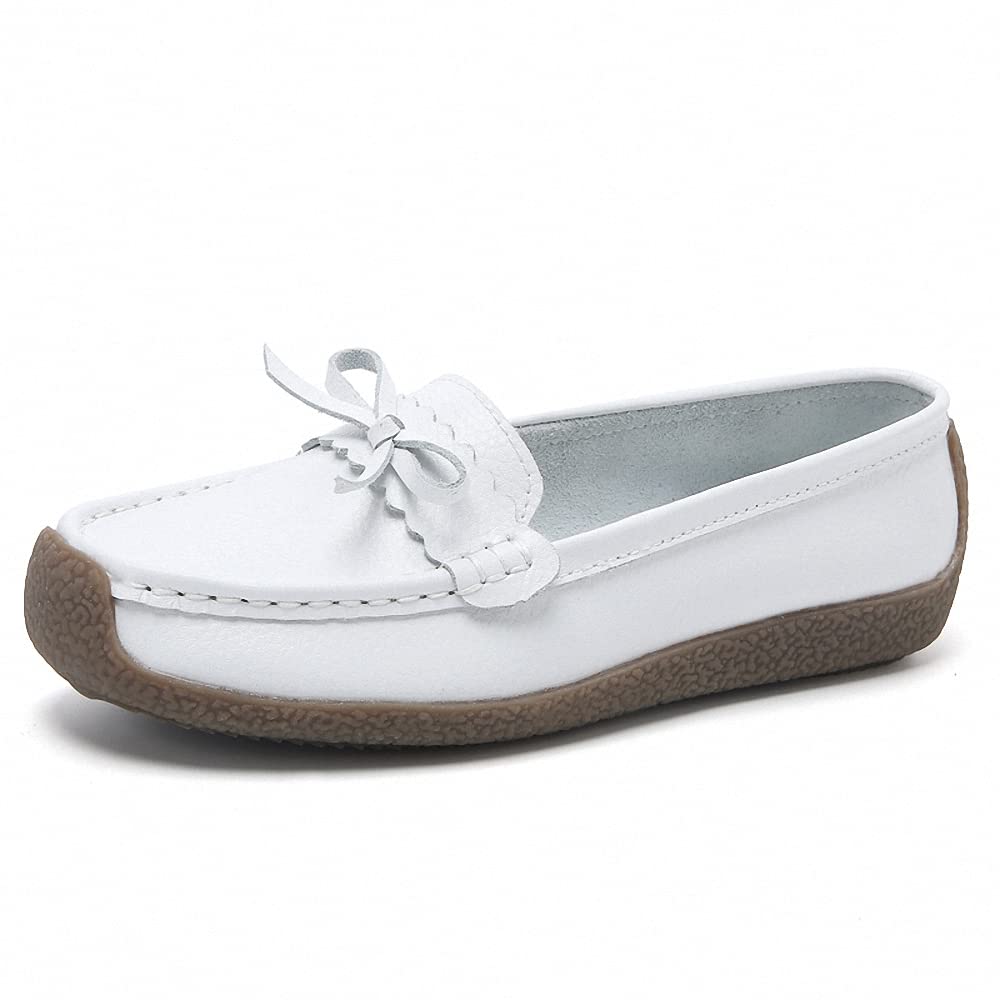 YEASUMOE Women's Slip on Shoes Comfortable Flats Shoes Work Nurse Two-Layer Leather Casual Loafers 3313/Bai-42 White