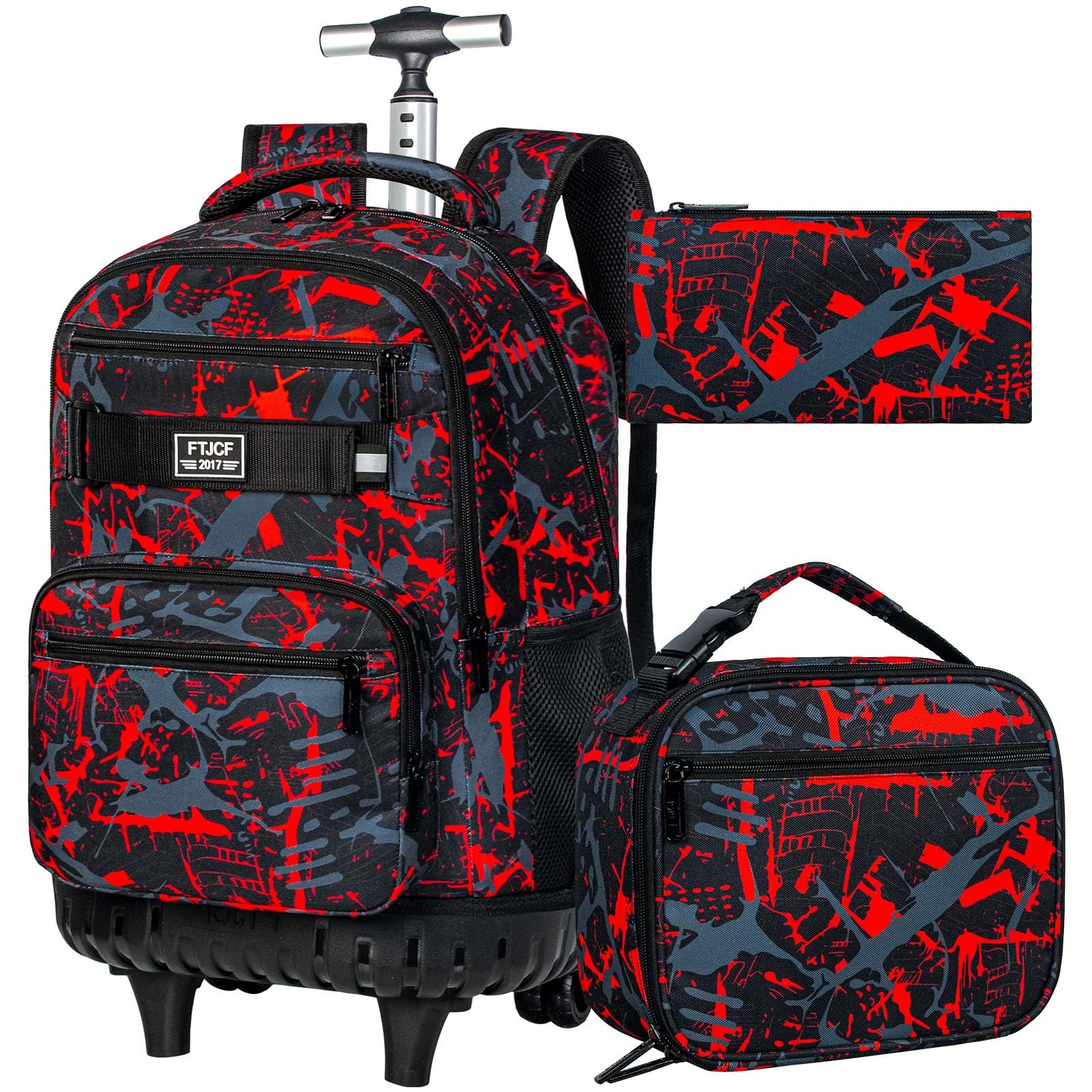 ZLYERT 3Pcs Rolling Backpack for Boys Men, Travel Roller Backpacks with Wheels for Adults, Teens College Graffiti Wheeled Bookbag with Lunch Box(Blue)