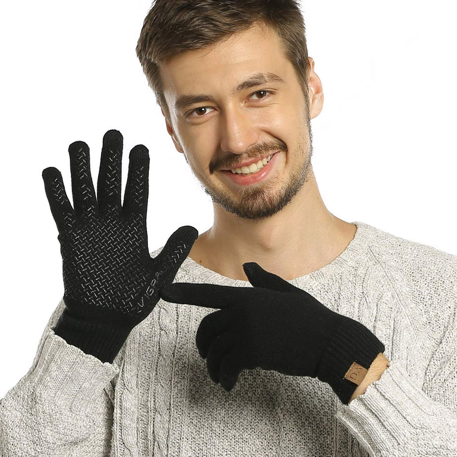 ViGrace Winter Touchscreen Gloves for Men & Women with 3 Fingers Dual-layer Touch Screen Warm Lined Anti-Slip Thermal Knit Driving Texting Glove(Black, Large)