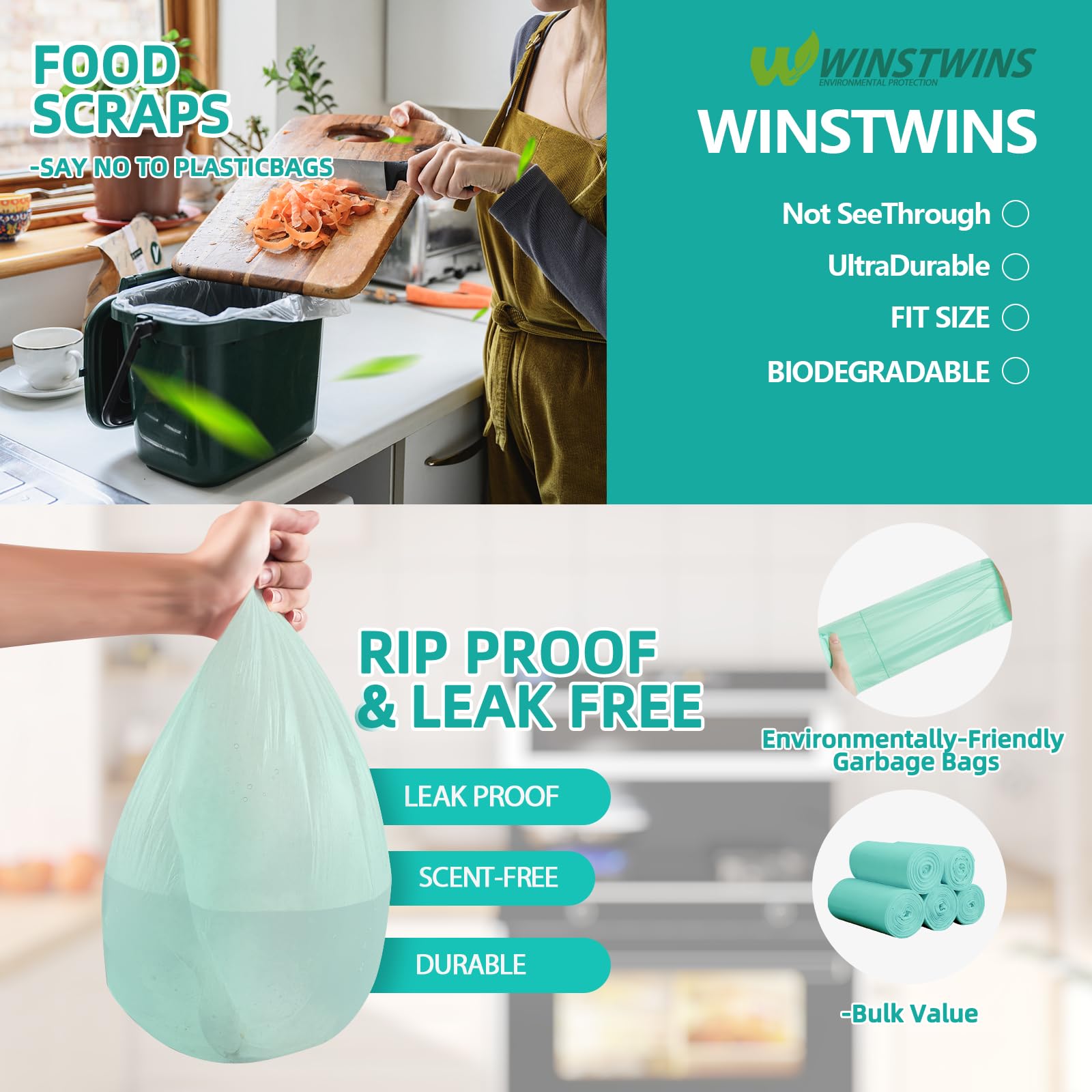 WINSTWINS Small Biodegradable Trash Bags, 4 Gallon Capacity, 110 Count, Blue