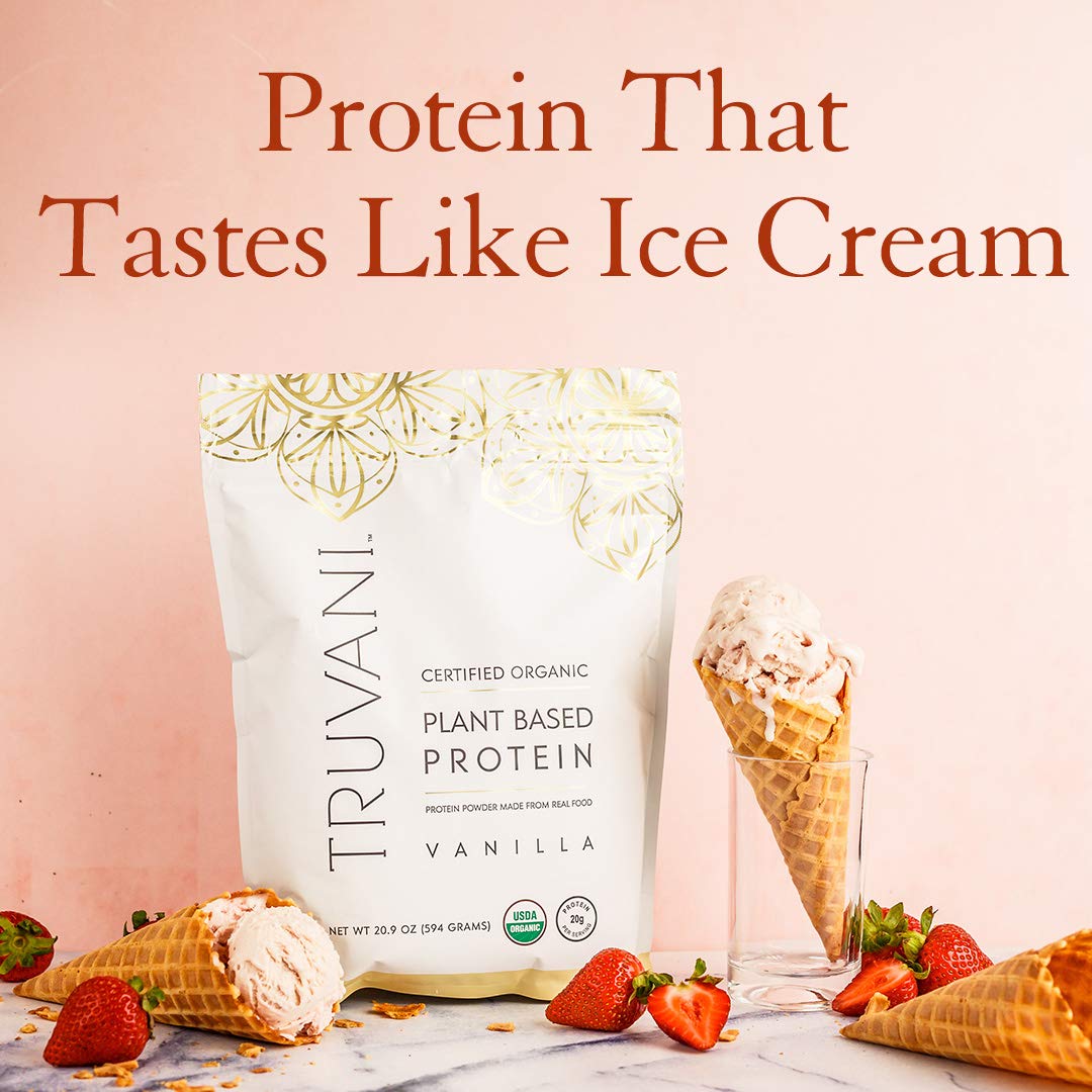 Truvani Vegan Vanilla Protein Powder with Shaker Cup & Scoop Bundle - 20g of Organic Plant Based Protein Powder - Includes Stainless Steel Shaker Cup & Durable Protein Metal Scoop