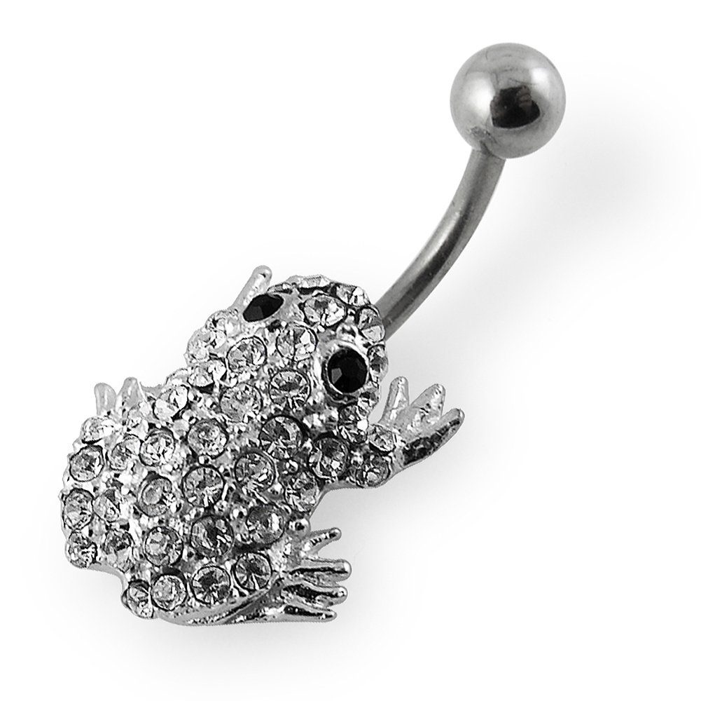 White Gemstone Fancy Frog 925 Sterling Silver with Stainless Steel Belly Button Rings