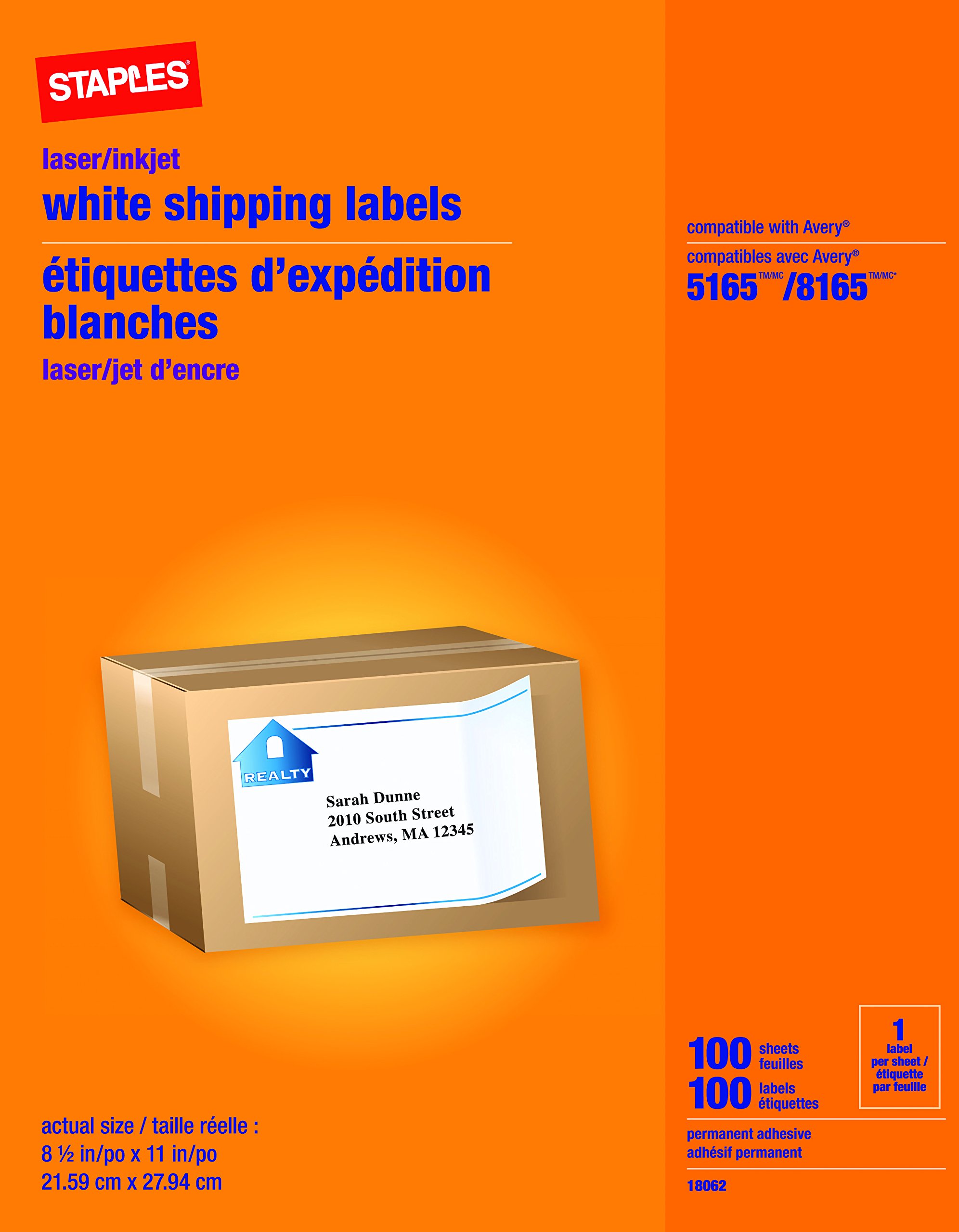 White Inkjet/Laser Full Sheet Shipping Labels, 8-1/2 X 11, 100/Box