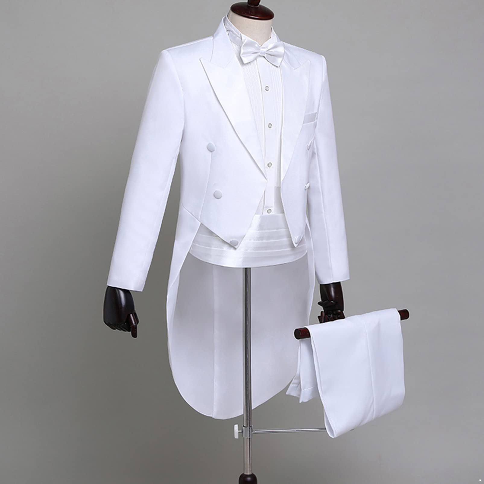 YOOJIA 4 Piece Men's Classic Fit Tuxedo Tailcoat Tail Coat Suit Tuxedo Jacket Blazer Tux Pants Set White Medium