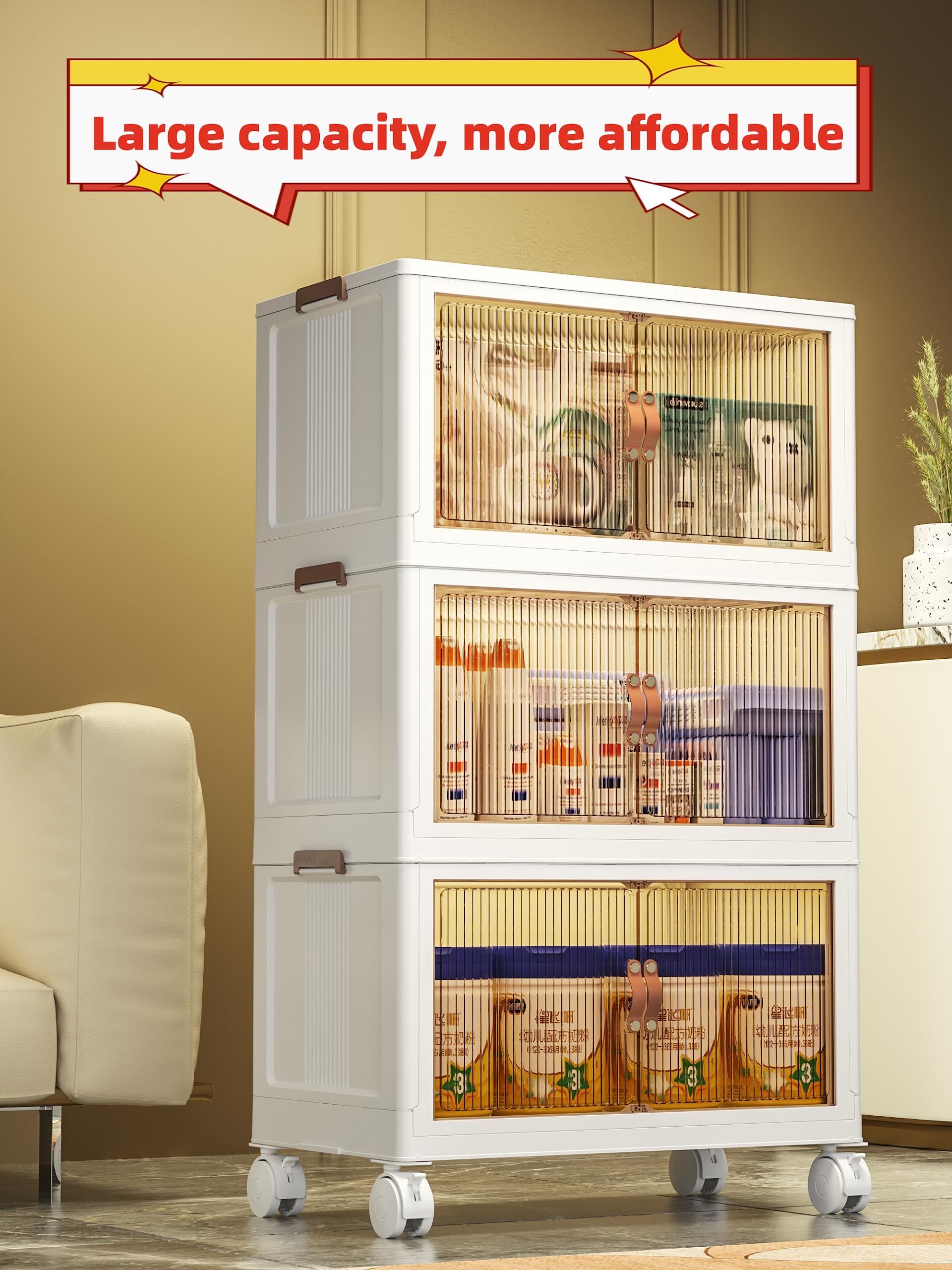 YENFZIX 32Gal Lidded Home Storage Bins - Collapsible, 32Gal Clear Cream Wardrobe Closet Organizer, Stackable Toy Storage, Foldable Plastic Storage Container with Door. - 32 Gallon (5Pack 32Gal)