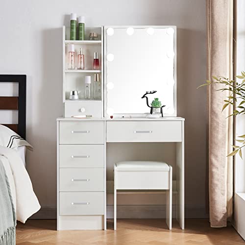 White Vanity Desk with Mirror and Lights, Makeup Vanity Desk with 5 Drawers of Storage, Bedroom Makeup Dressing Table with Stool, White (JTO-05)