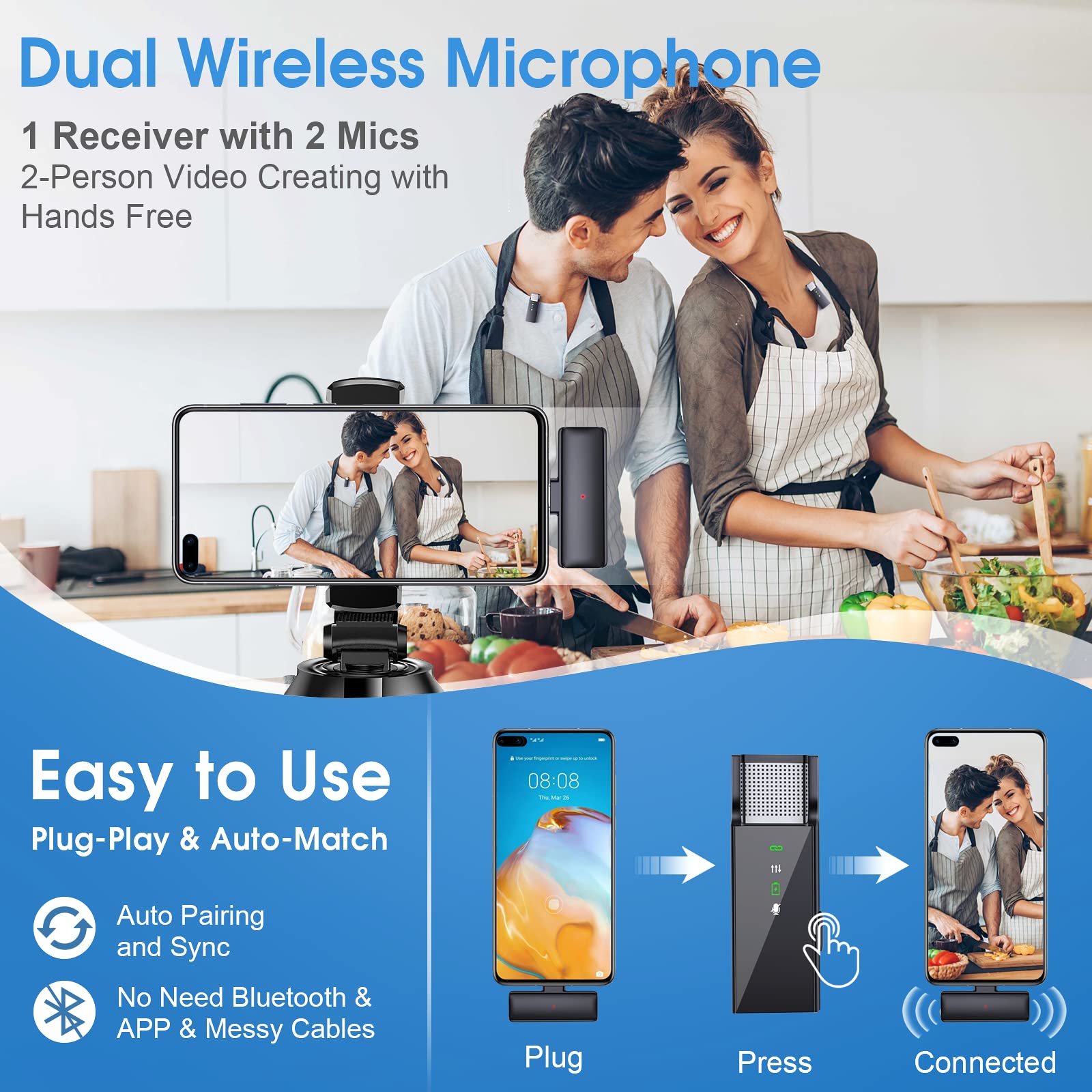 Wireless Lavalier Microphone for iPhone iPad Android, 2 Pack Mini Clip on Lapel Microphone Wireless with 600mAh Charging Case for Video Recording Interview YouTube Vlog Tiktok, 82FT, Plug-Play