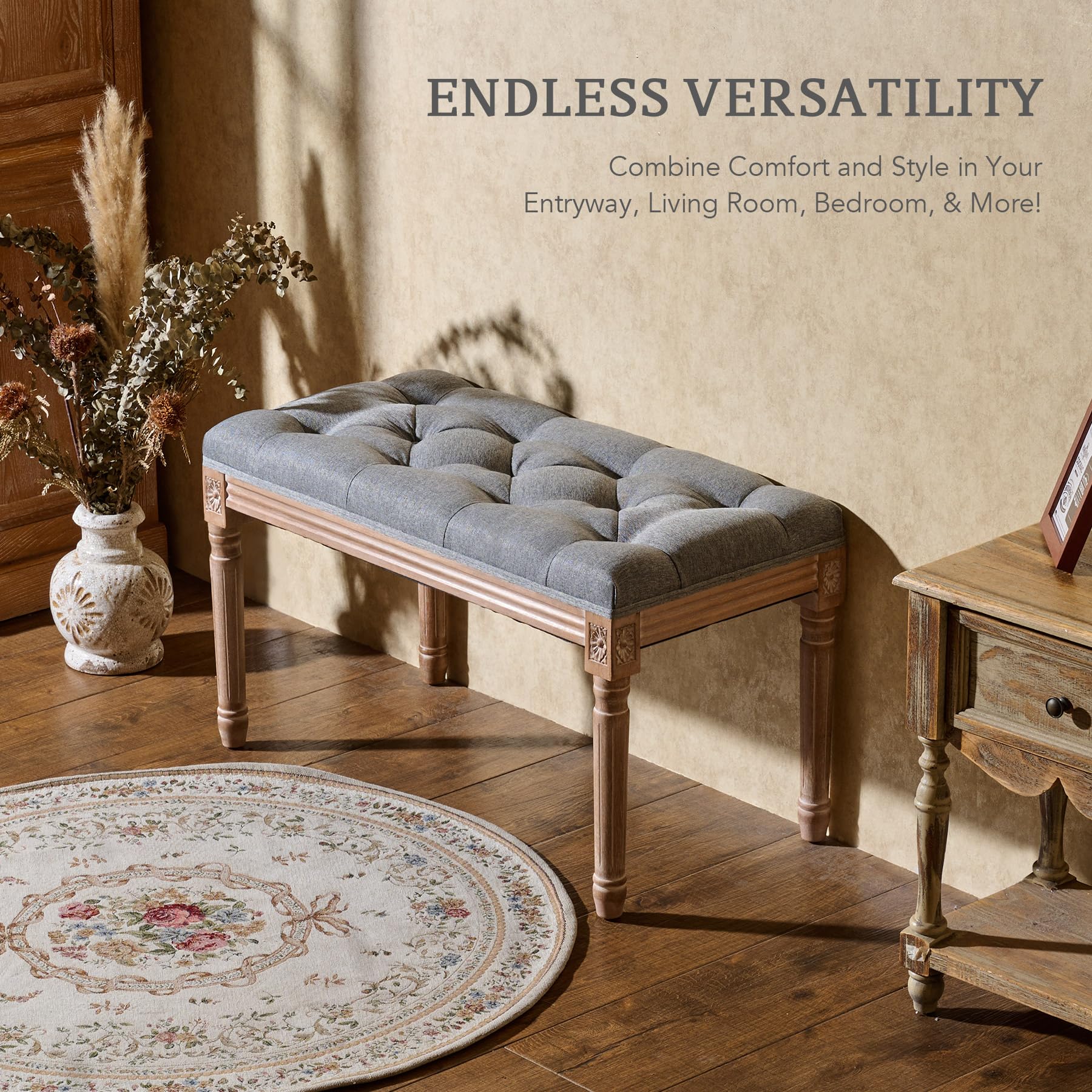 VONLUCE Vintage Bench, 31 in x 16 in, Beige Rubberwood, Button Tufted, with 2 Layer Padding, for Foyers, Entryways, Piano, Dining, Living Room