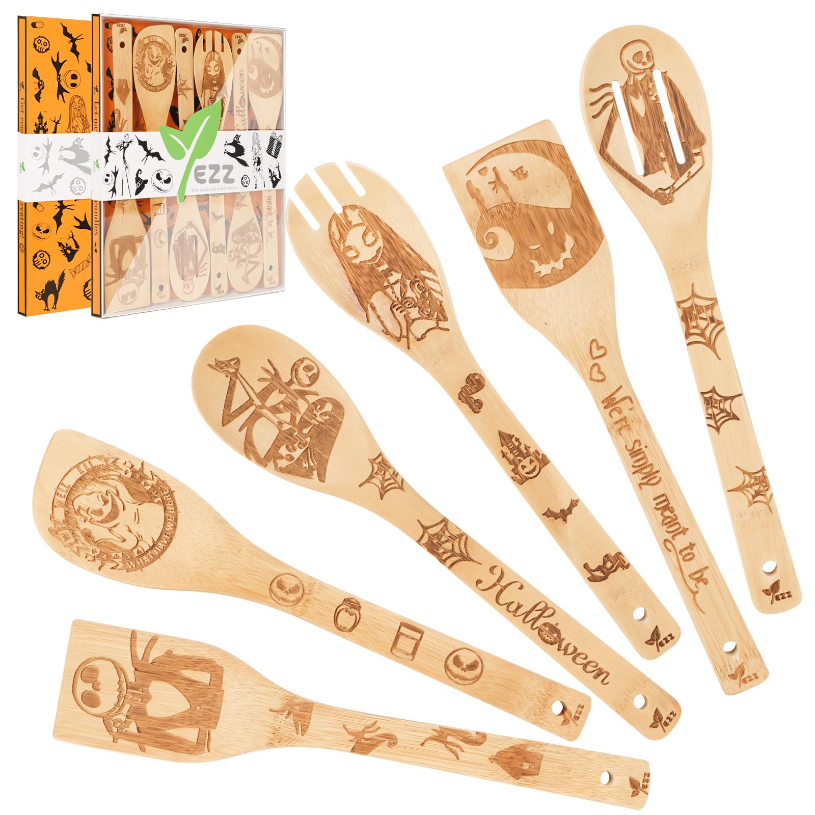 YEZZZZ 6-Piece Wooden Spoons For Cooking & Serving - Christmas Kitchen Cooking Utensils Set - Kitchen Cook Gift Box Set - Christmas Halloween Decor (Halloween-6Piece)