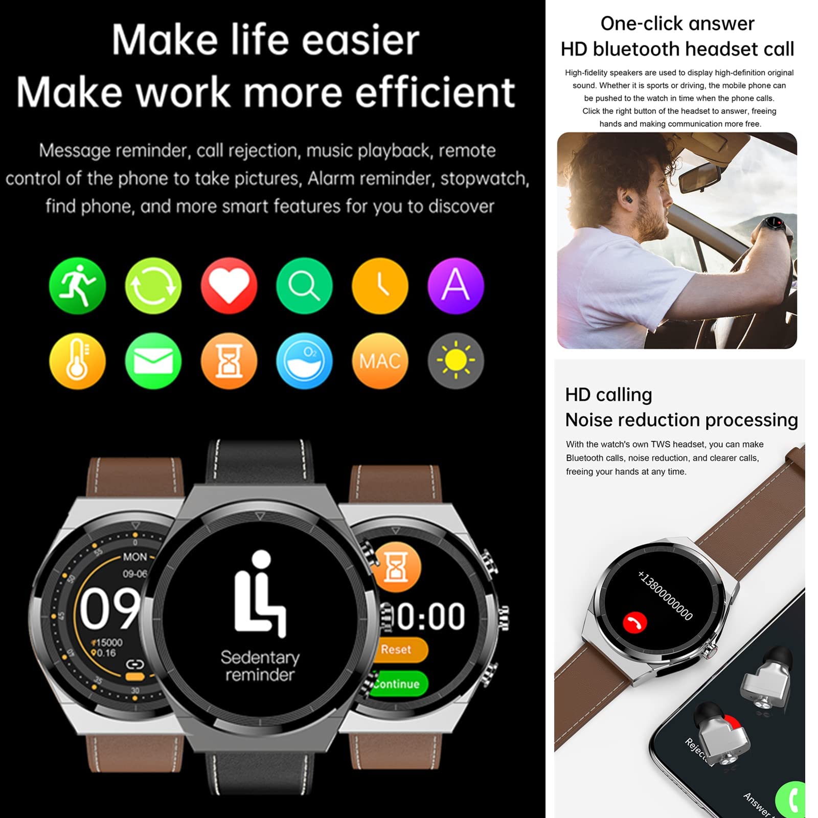Tuanzi JM08 2 in 1 Smart Watch with Earbuds 1.28" Smartwatch TWS HiFi Stereo Wireless Headset Combo Bluetooth Phone Call for Android iOS (Silver Silicone)